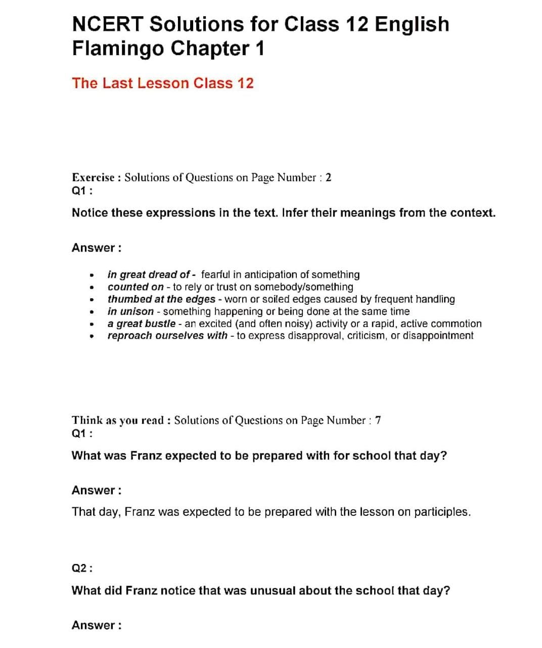 MP Board Solution Class 12th English Chapter 1 The Last Lesson ...