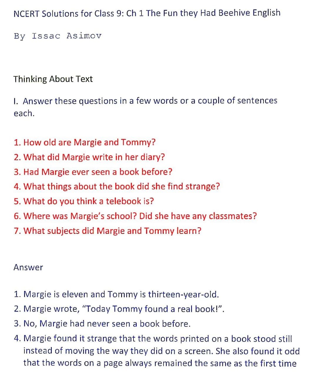 MP Board Solution Class 9th English Chapter 1 The Fun They Had ...