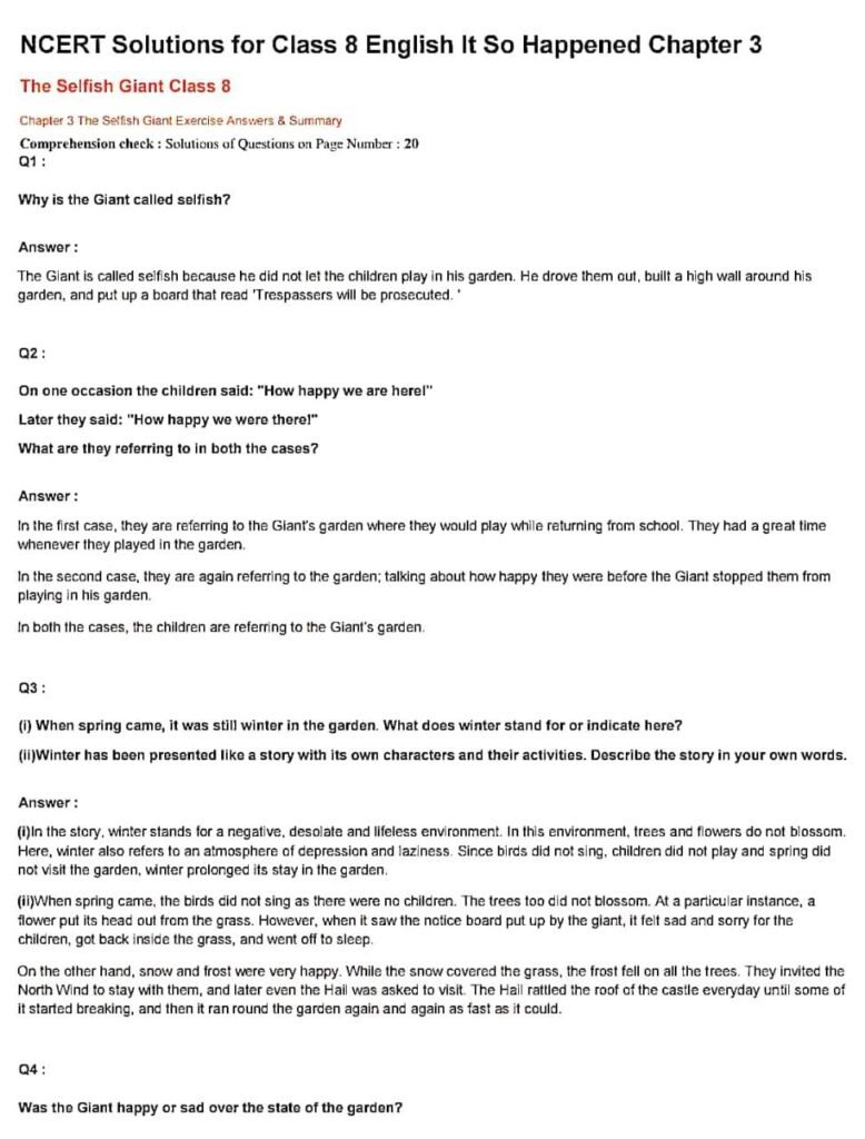 MP Board Solution Class 8th English Chapter 3 The Selfish Giant ...