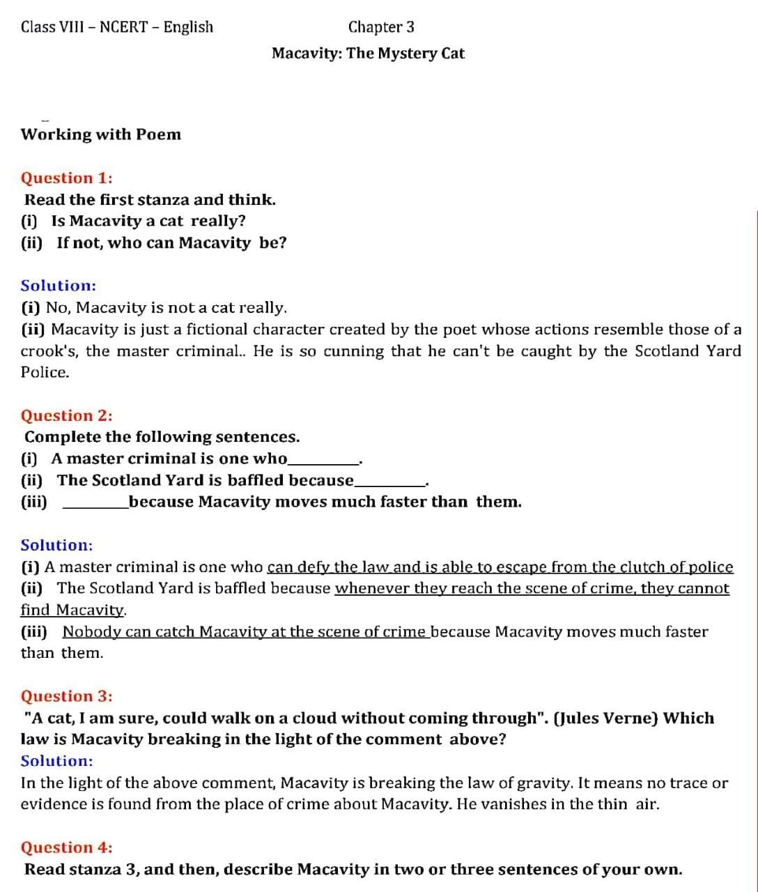 MP Board Solution Class 8th English Chapter 3 Macavity - The Mystery ...