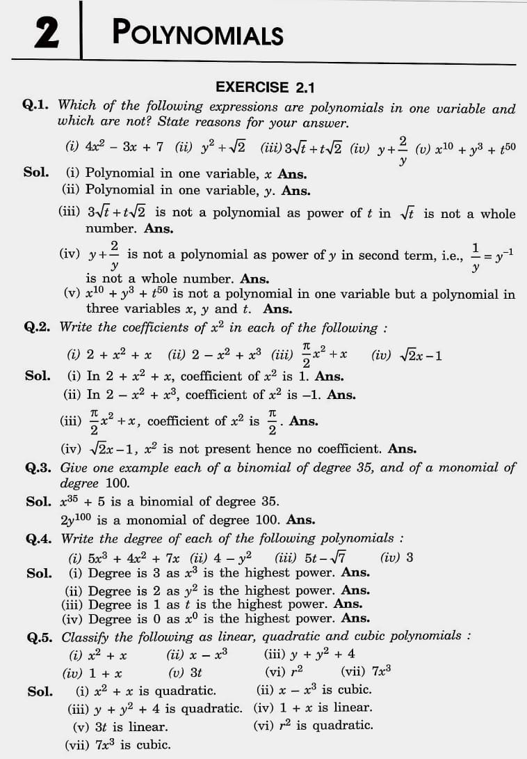 MP Board solution class 9th Math chapter 2 Polynomials - mpbooksolution.in